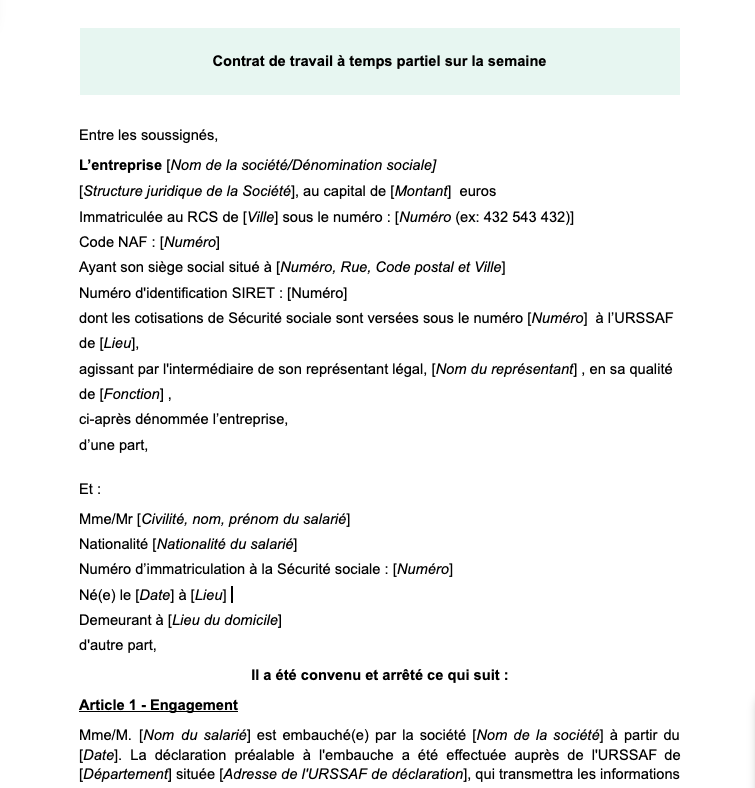 Modèle de contrat travail temps partiel semaine gratuit